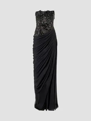 Carolina Herrera Floral Lace Silk Strapless Gown - Black