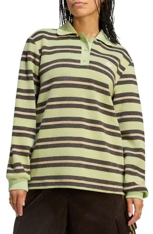 ADIDAS ORIGINALS Long Sleeve Striped Knit Polo - Magic Lime