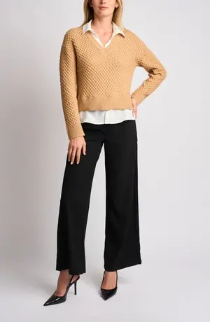Halogen Honeycomb Stitch Twofer Top - Toasted Sand