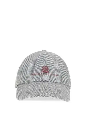 Brunello Cucinelli Alpaca, Wool And Silk Chevron Baseball Hat With Logo - Gray