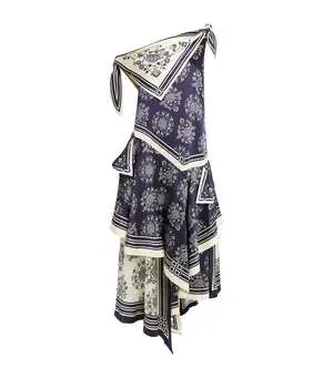 ALEMAIS Silk Banderra Scarf Maxi Dress - Navy