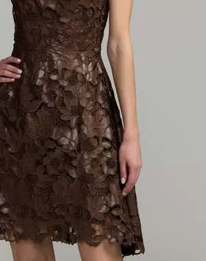 Mac Duggal Floral Embroidered Leather Mini Dress