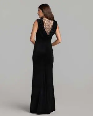 Mac Duggal Velvet Cowl Gown With Sheer Beaded Neckline
