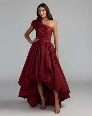 Mac Duggal One Shoulder High Low Gown With 3d Flower - Ruby