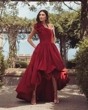 Mac Duggal One Shoulder High Low Gown With 3d Flower