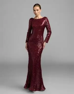 Mac Duggal Petite Long Sleeve Cowl Back Sequin Gown - Ruby