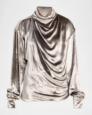 Prabal Gurung Draped Wrap-neck Velvet Long-sleeve Blouse - Silver