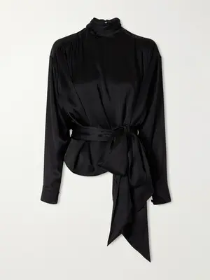 Balmain Belted Gathered Silk-satin Blouse