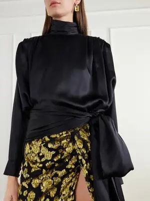 Balmain Belted Gathered Silk-satin Blouse