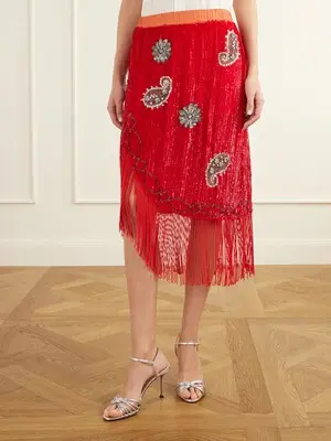 BODE Sundance Asymmetrical Sequin-embellished Fringed Woven Midi Skirt