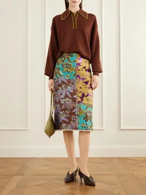 ALEMAIS Bodie Frayed Patchwork Floral-jacquard Midi Skirt