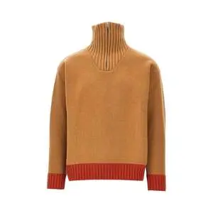GALLIA KNIT Zippered Collar Wool Sweater - Brown