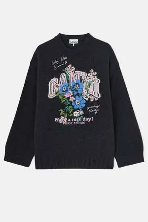 GANNI Graphic Wool Oversized Sweater Flowers