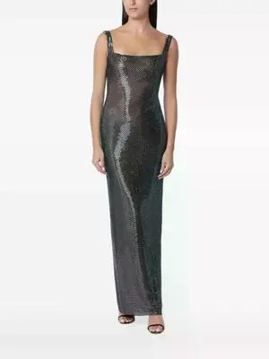 SELF-PORTRAIT Gunmetal Square-neck Rhinestone Maxi Dress