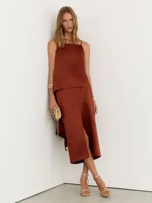 REISS Cara Satin Structured Drape-back Top - Rust Orange