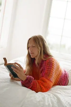 Anthropologie Wool Blend Chunky Cropped Sweater - Orange Pattern