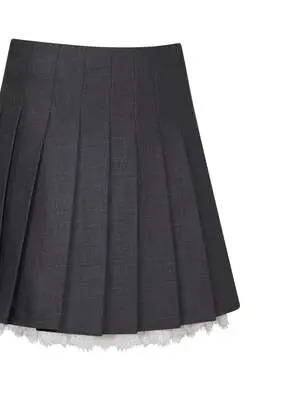 SELF-PORTRAIT Grey Wool Blend Pleated Mini Skirt With Lace Insert