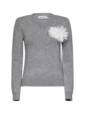 SELF-PORTRAIT Grey Wool And Cashmere Blend V-neck Flower Sweater - Multicolor