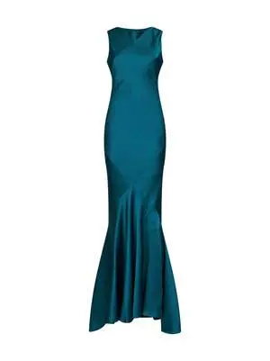 Max Mara Oil Green Envers Satin Mserum Long Dress - Multicolor