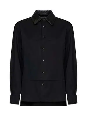 Bottega Veneta Black Wool Shirt With Intrecciato Leather Collar - Multicolor