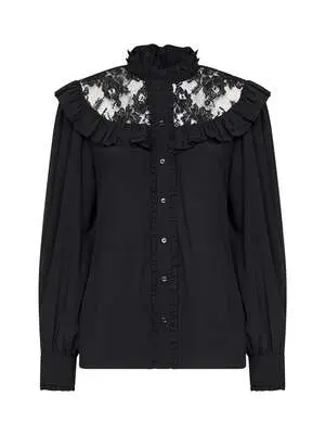 Chloé Black Silk Crêpe De Chine Ruffled Blouse With Lace Detail - Multicolor