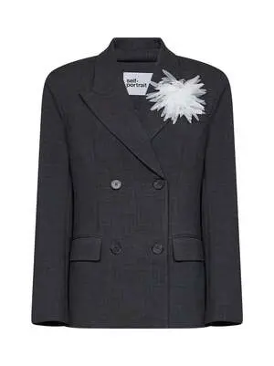 SELF-PORTRAIT Grey Stretch Wool-blend Double-breasted Flower Blazer - Multicolor