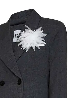SELF-PORTRAIT Grey Stretch Wool-blend Double-breasted Flower Blazer