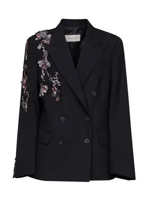 Dries Van Noten Black Wool Barrysta Double-breasted Embroidered Jacket - Multicolor