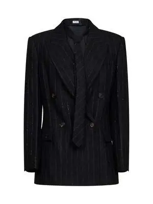 Brunello Cucinelli Anthracite Sequin Pinstriped Wool-blend Blazer With Tie