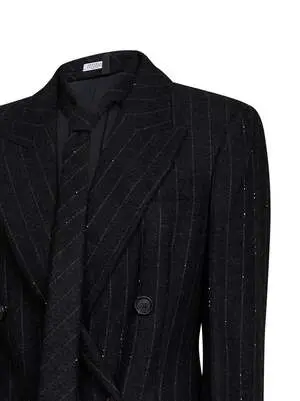 Brunello Cucinelli Anthracite Sequin Pinstriped Wool-blend Blazer With Tie