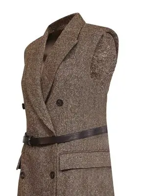 Brunello Cucinelli Brown Belted Wool Double-breasted Waistcoat
