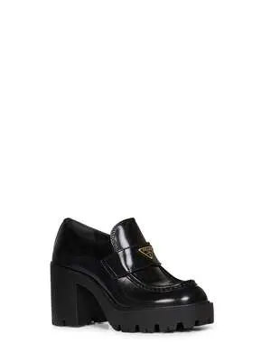 Prada Calzature Black Brushed Leather Heeled Loafers