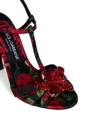 Dolce & Gabbana Black Rose-print Brocade Sandals With Jeweled Brooch