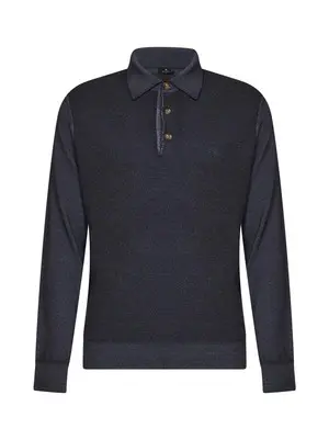 Etro Indigo Two-tone Wool Knit Logo-embroidered Polo Shirt
