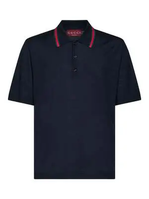 Gucci Dark Blue Wool Knit Polo With Web Pattern