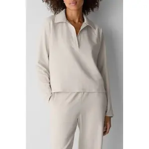 Eileen Fisher Raglan Sleeve Johnny Collar Knit Top - Plaster