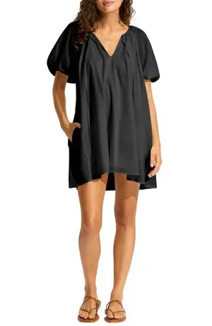 Seafolly Cotton Babydoll Cover-up Minidress - Black
