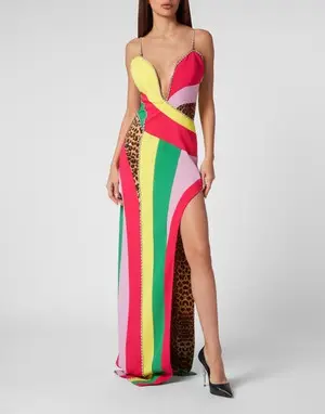 Philipp Plein Satin Long Dress Rainbow Patchwork - Multicolor