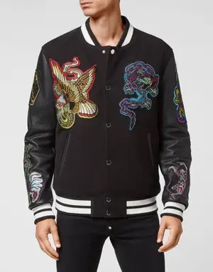 Philipp Plein Leather Bomber Tattoo - Black