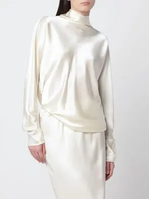 Almada Label Satin Roll-neck Top With Long Sleeves And Dropped Shoulders