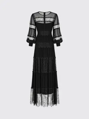 TWINSET Georgette And Lace Midi Dress With Long Sleeves And Crew Neck
