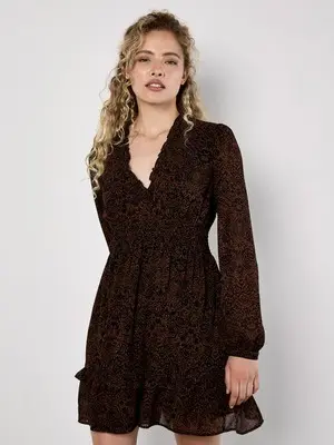 APRICOT Paisley Print Ruffle Detail Dress - Rust