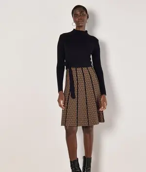 APRICOT Geo Skirt Tie Waist Knit Dress - Black