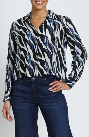 APNY Print Button-up Crop Shirt - Carbon/cobalt Multi