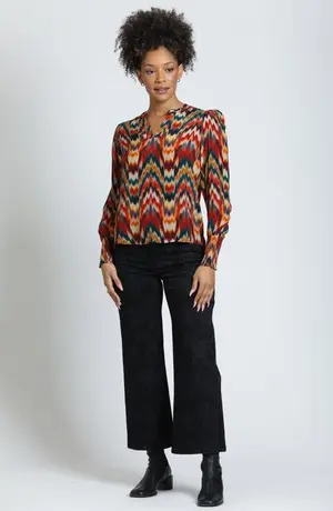 APNY Print Split Neck Top With Smocked Cuffs
