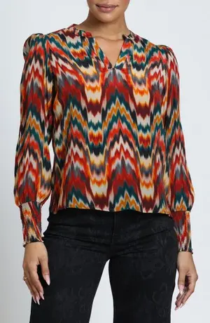 APNY Print Split Neck Top With Smocked Cuffs - Spice/juniper Multi