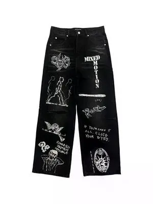 Mixed Emotion Graphic-print Distressed Jeans - Black