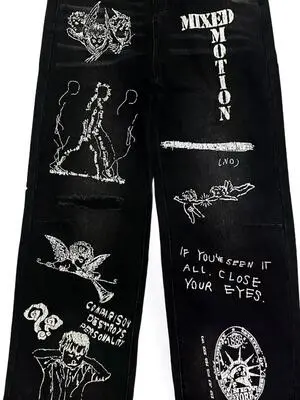 Mixed Emotion Graphic-print Distressed Jeans