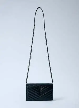 Saint Laurent Cassandre Envelope Chain Wallet In Grain De Poudre Leather - Black