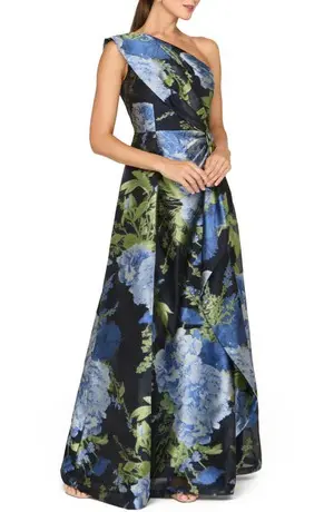 KAY UNGER Daisy Floral Jacquard One Shoulder Gown